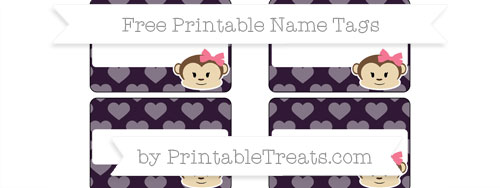 Free Dark Purple Heart Pattern Girl Monkey Name Tags — Printable Treats.com