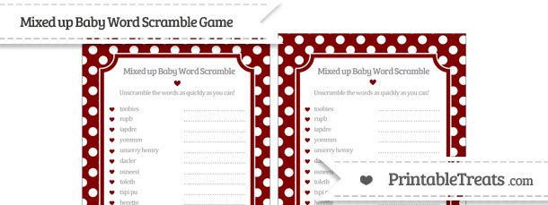 Maroon Polka Dot Mixed Up Baby Word Scramble Game — Printable Treats.com