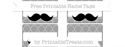Pastel Grey Quatrefoil Pattern Mustache Name Tags — Printable Treats.com