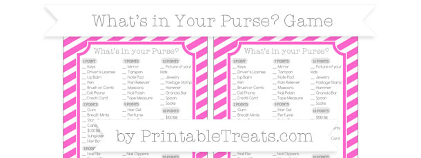 Rose Pink Diagonal Striped Whats in Your Purse Baby Shower Game ...
