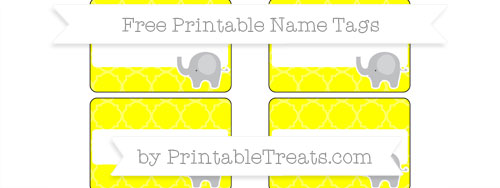 Free Yellow Quatrefoil Pattern Elephant Name Tags — Printable Treats.com