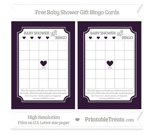 Dark Purple Baby Shower Gift Bingo Cards — Printable Treats.com