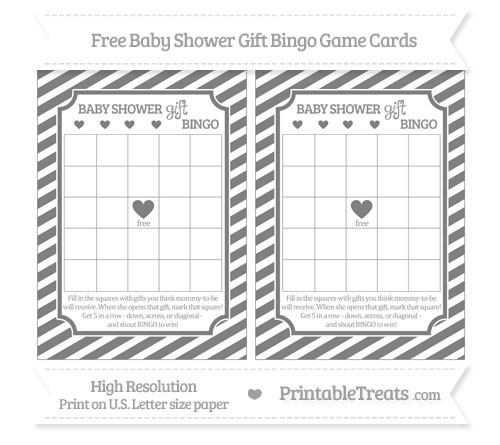 Grey Diagonal Striped Baby Shower Gift Bingo Cards — Printable Treats.com