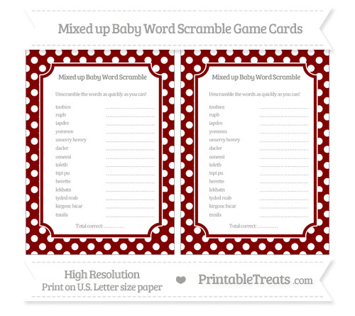 Maroon Polka Dot Mixed Up Baby Word Scramble Game — Printable Treats.com