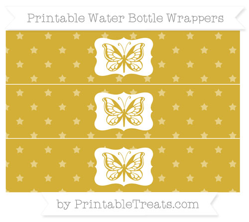 Metallic Gold Star Pattern Butterfly Water Bottle Wrappers — Printable ...