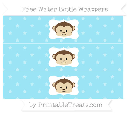 Pastel Aqua Blue Star Pattern Boy Monkey Water Bottle Wrappers ...