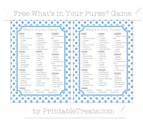 Pastel Blue Dotted Pattern Whats in Your Purse Baby Shower Game ...