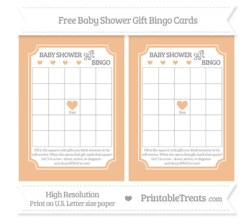 Pastel Orange Baby Shower Gift Bingo Cards — Printable Treats.com