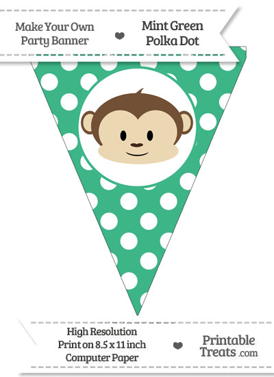 Mint Green Polka Dot Pennant Flag with Boy Monkey — Printable Treats.com