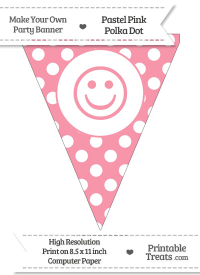 Pastel Pink Polka Dot Pennant Flag with Smiley Face — Printable Treats.com