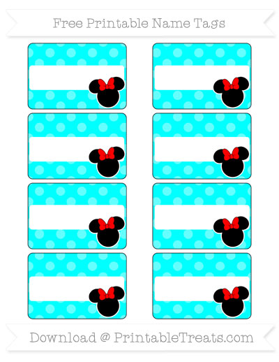 Free Aqua Blue Dotted Pattern Minnie Mouse Name Tags — Printable Treats.com