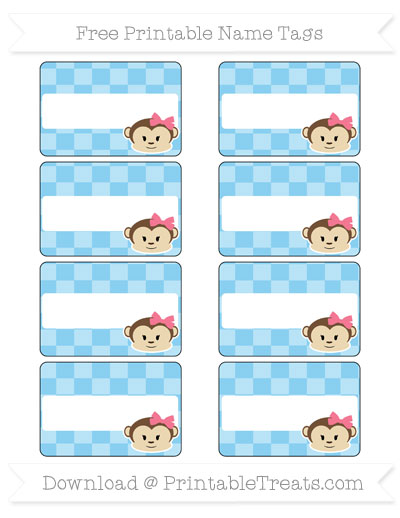 Free Baby Blue Checker Pattern Girl Monkey Name Tags — Printable Treats.com