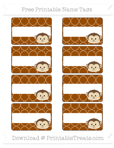 Free Brown Quatrefoil Pattern Boy Monkey Name Tags — Printable Treats.com