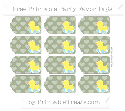 Dark Olive Green Heart Pattern Baby Duck Party Favor Tags — Printable ...