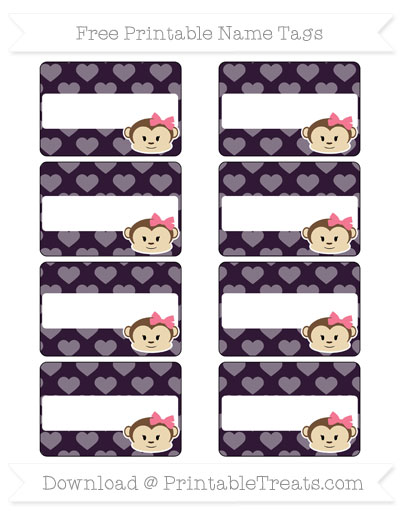 Free Dark Purple Heart Pattern Girl Monkey Name Tags — Printable Treats.com