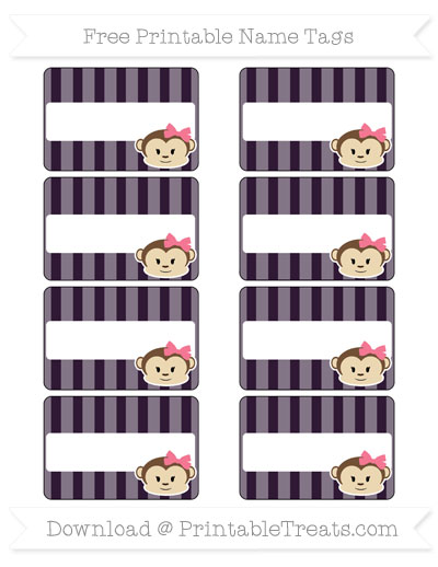 Free Dark Purple Striped Girl Monkey Name Tags — Printable Treats.com