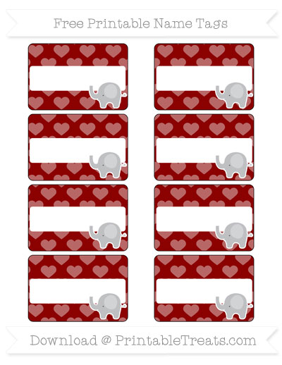 Free Dark Red Heart Pattern Elephant Name Tags — Printable Treats.com