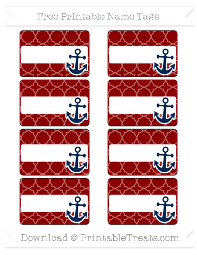 Free Dark Red Quatrefoil Pattern Nautical Name Tags — Printable Treats.com
