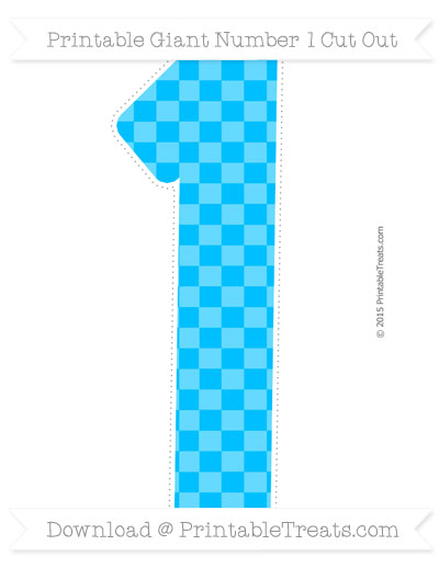 Deep Sky Blue Checker Pattern Giant Number 1 Cut Out — Printable Treats.com