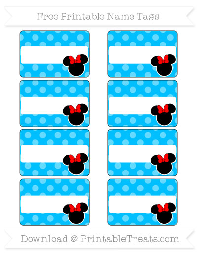 Free Deep Sky Blue Dotted Pattern Minnie Mouse Name Tags — Printable ...