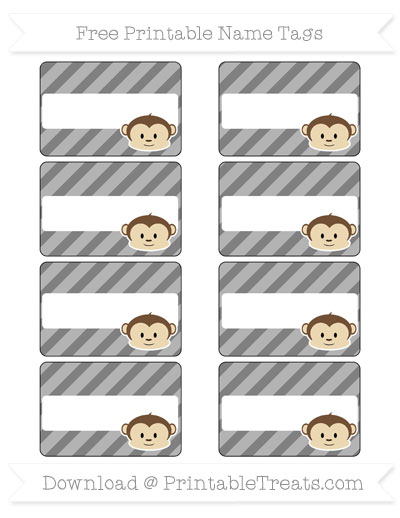 Free Grey Diagonal Striped Boy Monkey Name Tags — Printable Treats.com