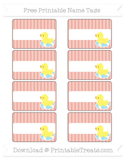 Free Pastel Coral Thin Striped Pattern Baby Duck Name Tags — Printable ...