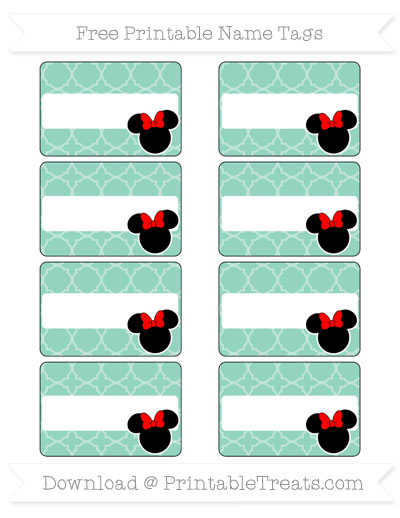 Free Pastel Green Quatrefoil Pattern Minnie Mouse Name Tags — Printable ...