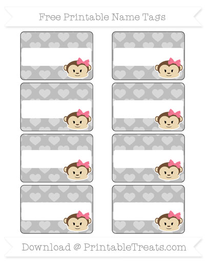 Free Pastel Light Grey Heart Pattern Girl Monkey Name Tags — Printable ...