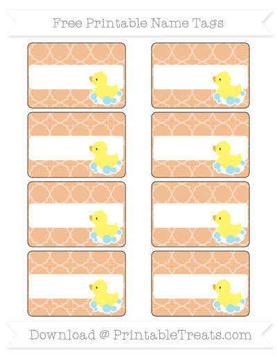 Free Pastel Orange Quatrefoil Pattern Baby Duck Name Tags — Printable ...