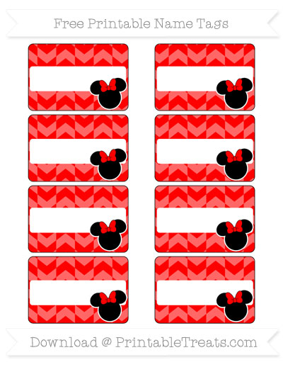 Free Red Herringbone Pattern Minnie Mouse Name Tags — Printable Treats.com