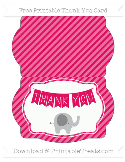 Ruby Pink Diagonal Striped Elephant Thank You Card — Printable Treats.com