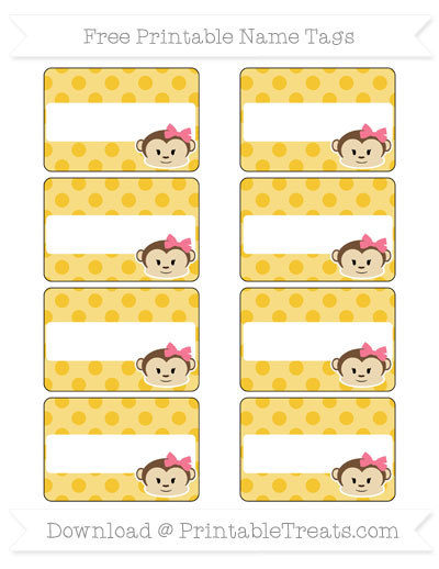 Free Saffron Yellow Polka Dot Girl Monkey Name Tags — Printable Treats.com