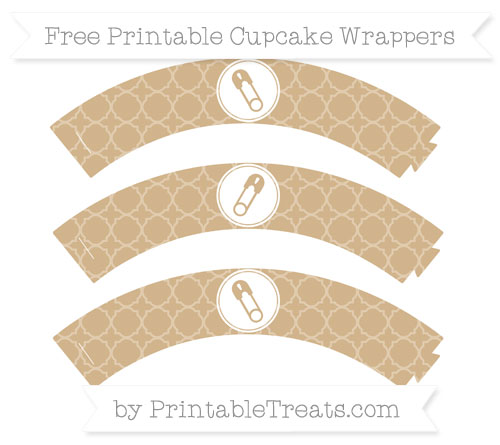 Tan Quatrefoil Pattern Diaper Pin Cupcake Wrappers — Printable Treats.com