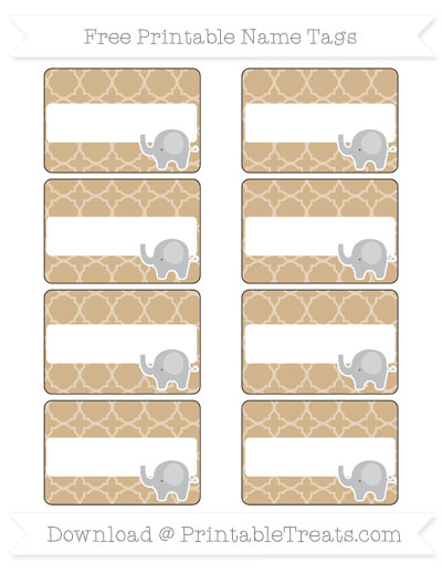 Free Tan Quatrefoil Pattern Elephant Name Tags — Printable Treats.com