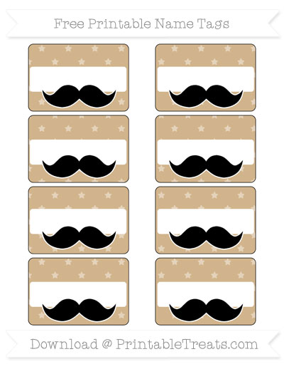 Tan Star Pattern Mustache Name Tags — Printable Treats.com