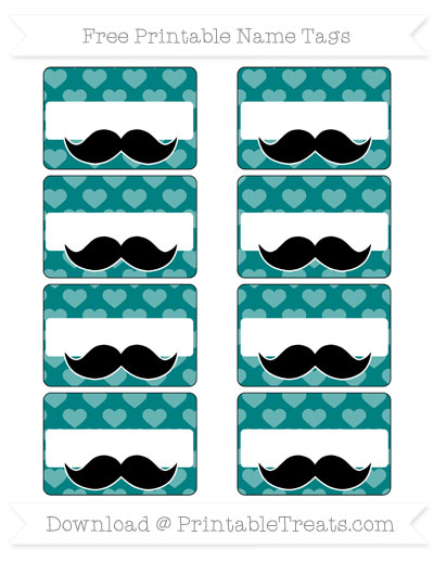 Teal Heart Pattern Mustache Name Tags — Printable Treats.com
