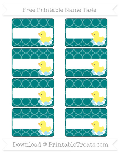 Free Teal Quatrefoil Pattern Baby Duck Name Tags — Printable Treats.com