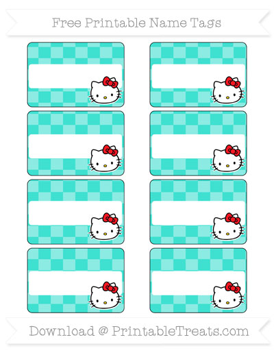Free Turquoise Checker Pattern Hello Kitty Name Tags — Printable Treats.com