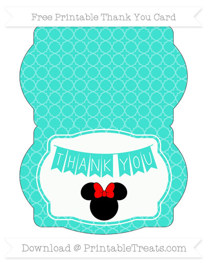 Turquoise Quatrefoil Pattern Minnie Mouse Thank You Card — Printable ...
