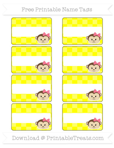 Free Yellow Checker Pattern Girl Monkey Name Tags — Printable Treats.com