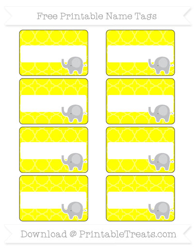 Free Yellow Quatrefoil Pattern Elephant Name Tags — Printable Treats.com
